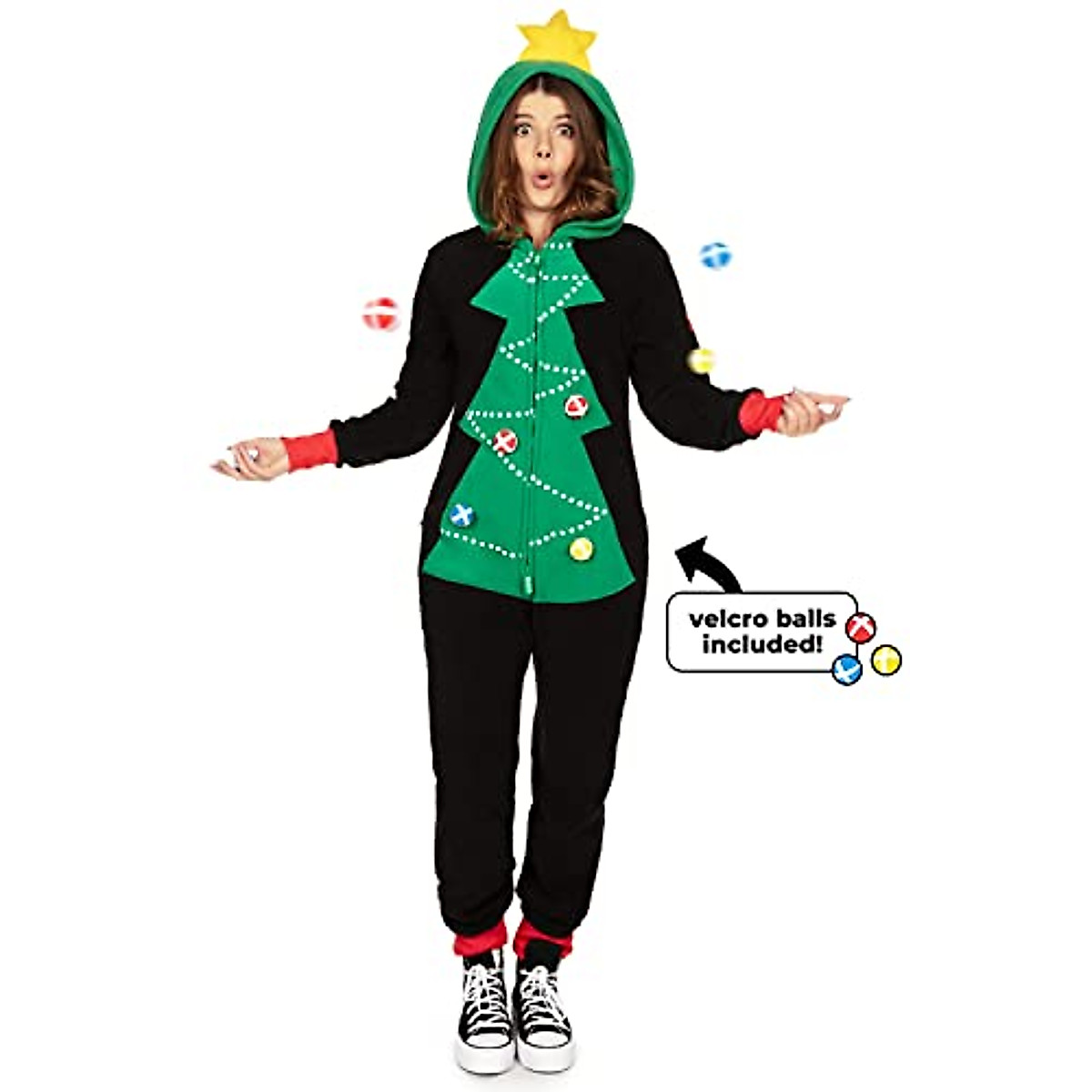 Tipsy Elves Men's Christmas Game Cozy Jumpsuit - Cozy Christmas Tree Onesie w/Velcro Balls : XL