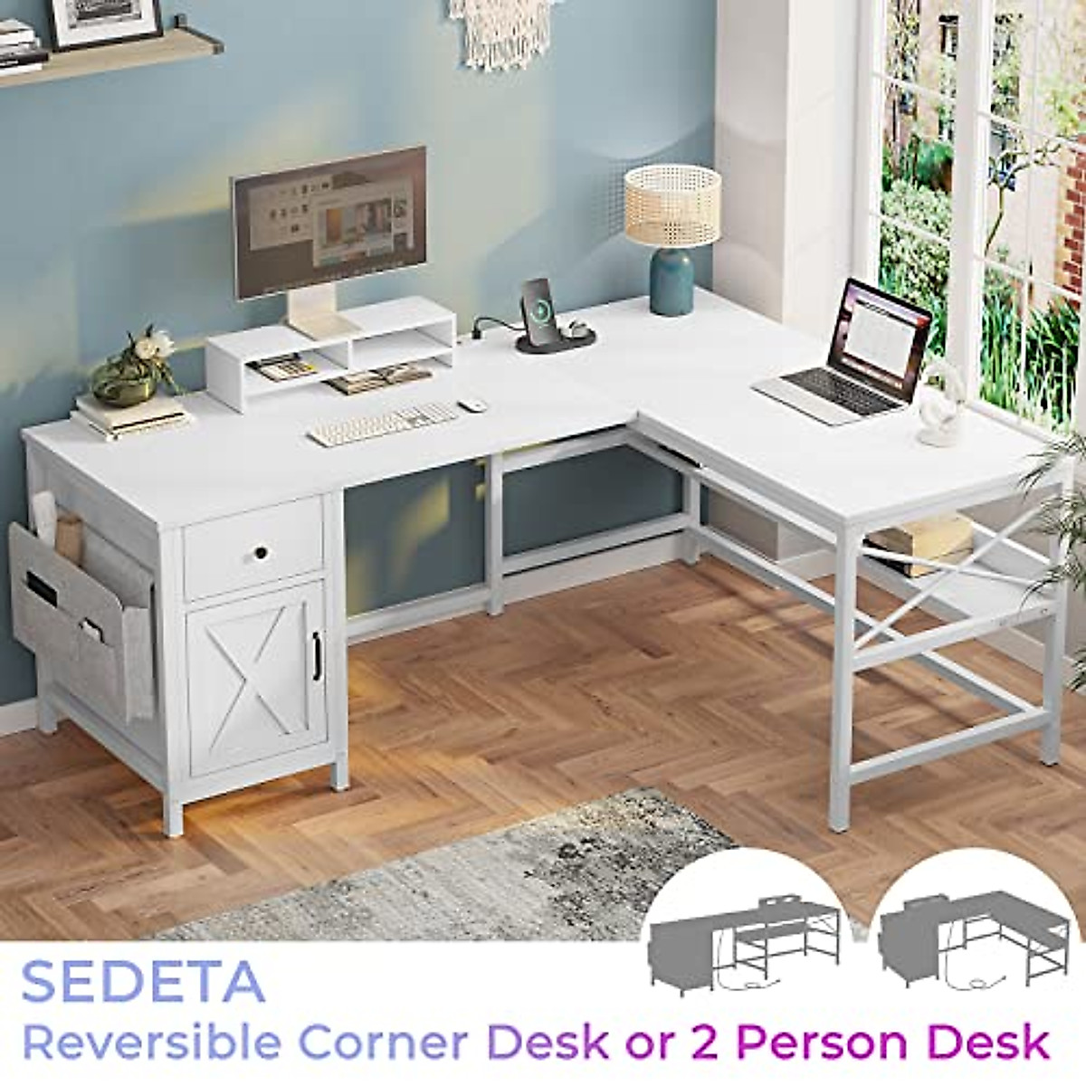 SEDETA L Shaped Computer Desk, Convertible 86.6" Home Office Desk or Corner Desk, L Office Desk with Drawer, Power Strip, Storage Cabinet, Monitor Stand & Storage Bag, White