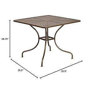 Flash Furniture Oia Commercial Grade 35.5" Square Gold Indoor-Outdoor Steel Patio Table Set with 2 Round Back Chairs