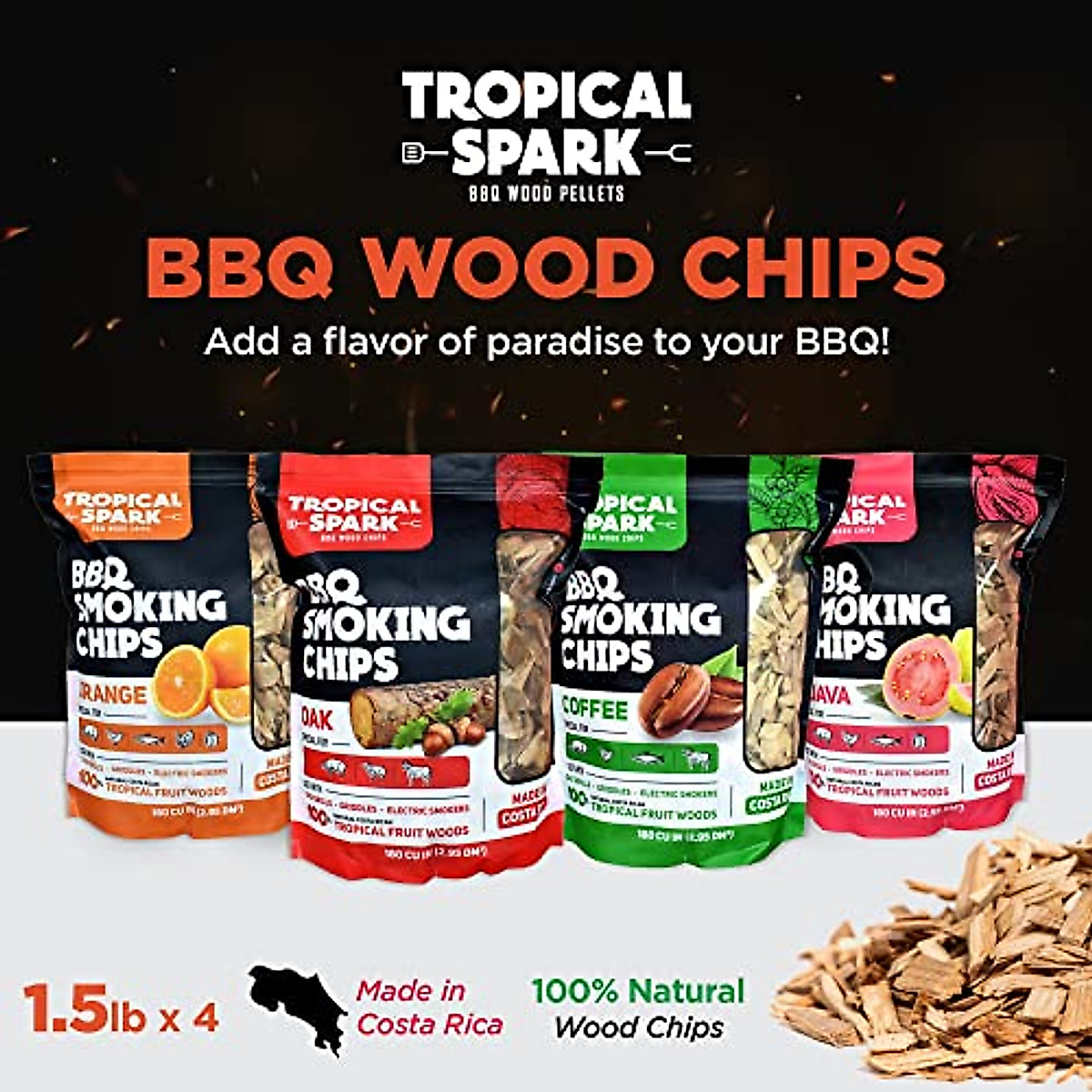 Tropical Spark - Wood Chips, Aromatic Smoker Wood Chips, Assorted Wood Chips for Smoker, Costa Rican Tropics Smoker Chips for Smoking, Grilling, Baking, Roasting, & Braising, 4 Pack