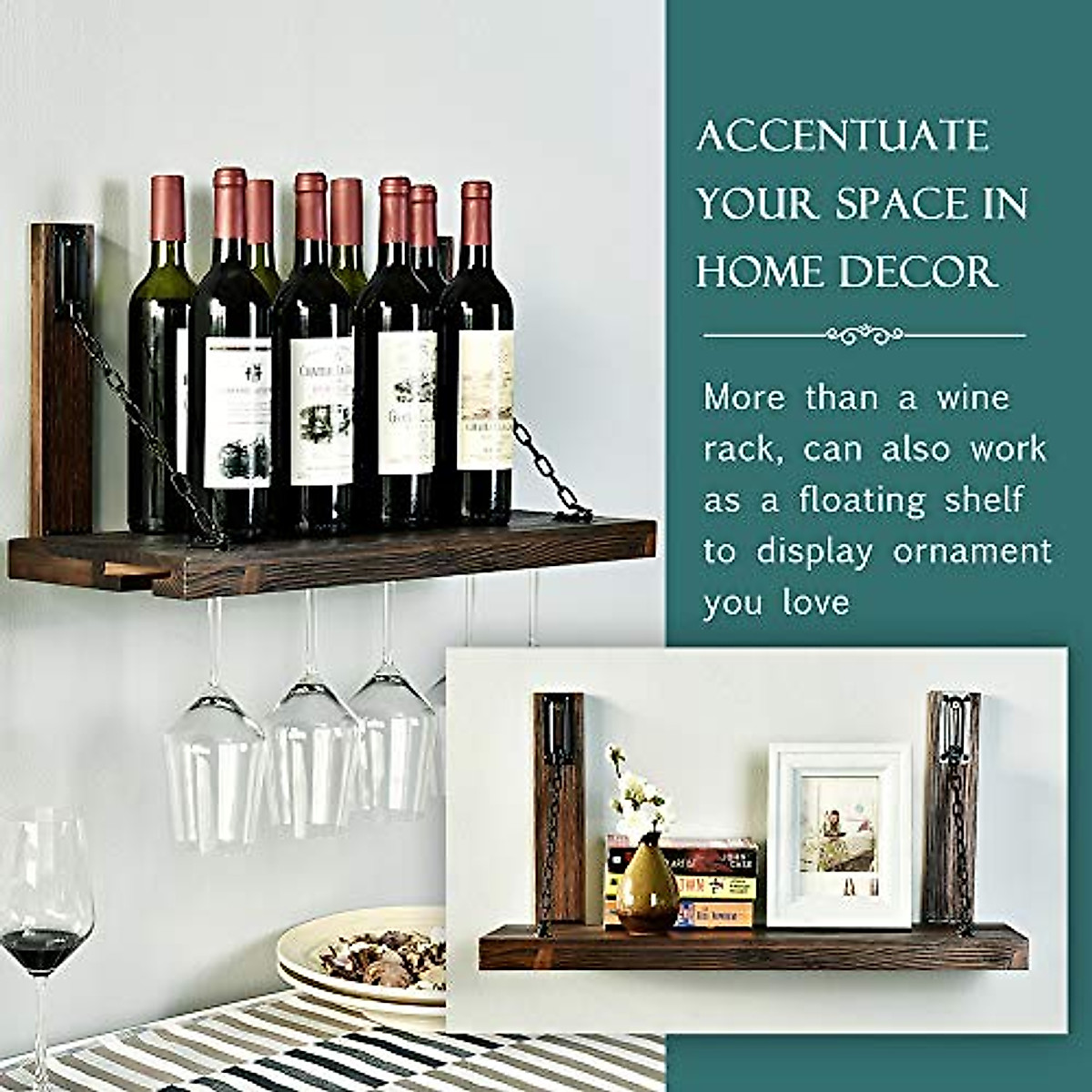 Wall Mounted Wine Rack with Glass Holder, Floating Wine Shelf for Kitchen, Rustic Pine Wood