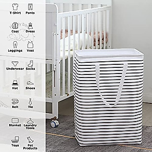 Hinwo 20 Gal / 77L Freestanding Large Laundry Hamper, Collapsible Laundry Storage Basket with Easy Carry Extended Handles for Clothes Toys, 16 x 12 x 24 Inches, Black Stripe