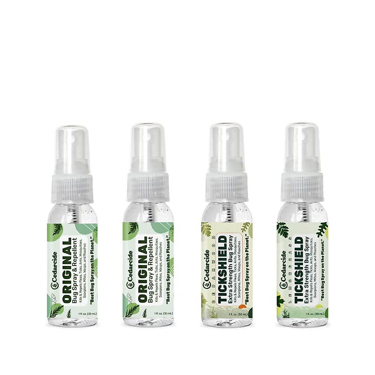Cedarcide Original & Tickshield Family Pack | Natural Cedar & Lemongrass Oil Bug Spray | Eco-Friendly, Family-Safe Flea & Tick Repellent | Pack of 4, 1oz Spritzers