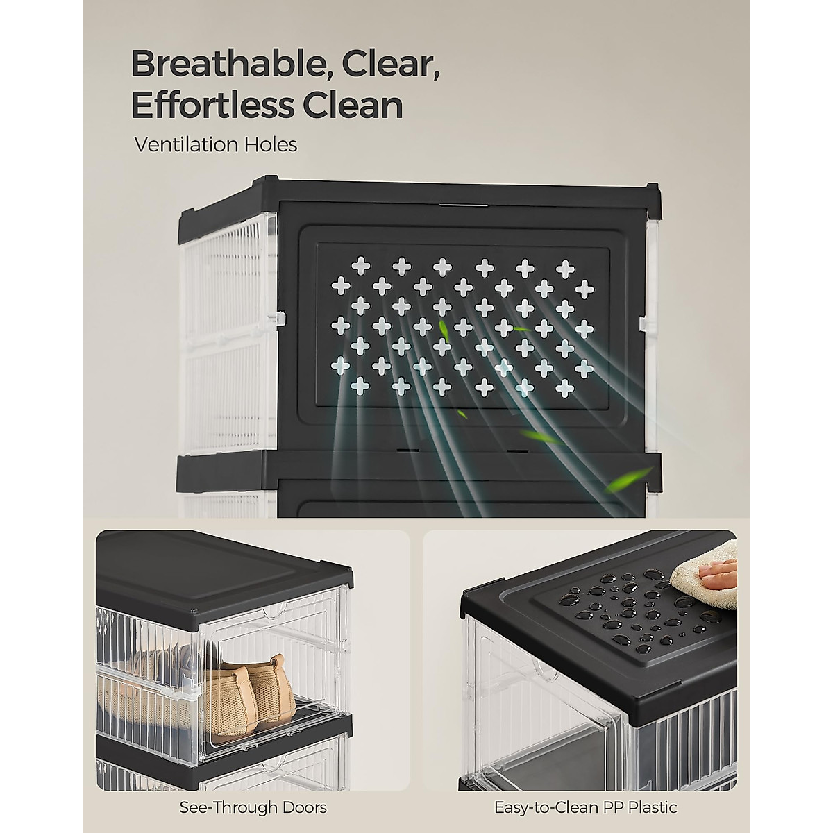 SONGMICS Foldable Shoe Boxes, Pack of 18 Stackable Shoe Storage Organizer, Set of 3 Integraed Shoe Cabinets, Portable, Fit up to US Size 13, 60s Assembly, Transparent and Ink Black ULSP207B01