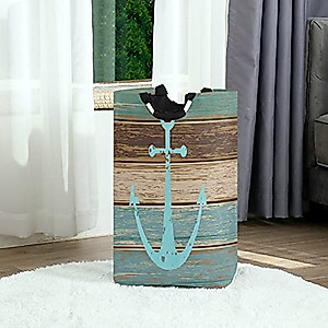 Nautical Anchor Large Laundry Hamper, Wooden Texture Laundry Baskets with Handle, Oxford Storage Basket, Portable Folding Clothes Hamper for Nursery, College Dorm, Bedroon, Bathroom