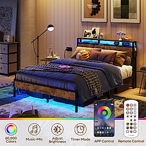 Bestier Queen Size Bed Frame with Headboard and Storage, Dual LED Platform Bed Frame with Charging Station, Non-Slip Metal Bed Frame, Noise-Free, Easy Assembly
