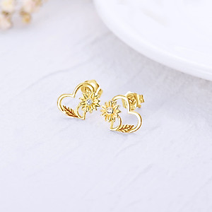 SISGEM 14k Yellow Gold Sunflower Heart Stud Earrings for Women