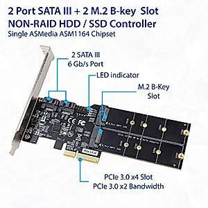 IO CREST 2 M.2 B Key and 2 Port SATA III PCIe 3.0 x4 Non-RAID Expansion Card Asmedia ASM1164
