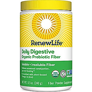 Renew Life Adult Daily Digestive Organic Prebiotic Fiber, Plant-Based Omega-3, Soluble & Insoluble Fiber Powder, Helps Reduce Constipation, Gas, & Bloating, 8.5 Oz