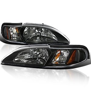 SPEC-D TUNING Black Housing Clear Lens 1PC Headlights + Corner Lights Compatible with 1994-1998 Ford Mustang L+R Pair Head Light Lamp Assembly