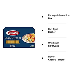 Barilla Manicotti Pasta, 8 oz. Box - Non-GMO Pasta Made with Durum Wheat Semolina - Kosher Certified Pasta