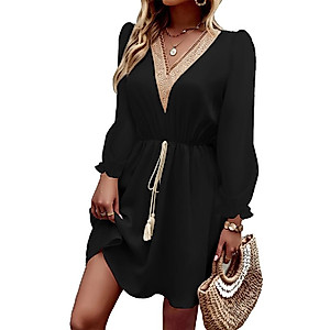 Dokotoo Spring Dresses for Womens 2023 V Neck Lace Trim Black Dresses for Women Puff Long Sleeve Hawaiian Dresses Tassel Belt Elegant Causal midi Dresses for Women Wedding Guest Medium