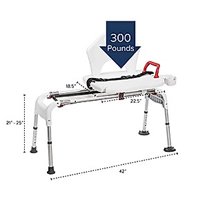 Drive Medical RTL12075 Adjustable Height Sliding Bathtub Transfer Bench Shower Chair with Armrests and Seatbelt, 300 Pound Weight Capacity, White