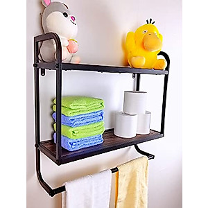 2-Tier Bathroom Shelves Wall Mounted,23.6"L x 7.87"W x 22.8"H, Rustic Wall Shelf Over Toilet,Towel Rack with Towel Bar,Utility Storage Shelf Rack, Floating Shelves Towel Holder,Retro Black