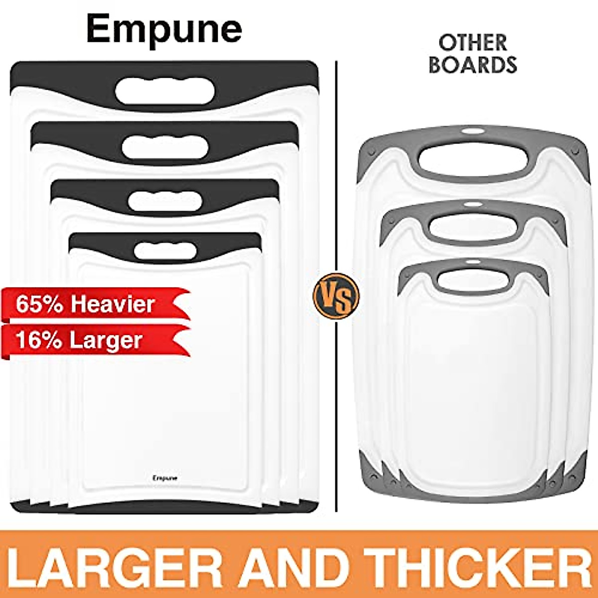 Extra Large Cutting Boards, Plastic Cutting Boards for Kitchen (Set of 4) Cutting Board Set Dishwasher Chopping Board with Juice Grooves Easy-Grip Handles, Black, Empune