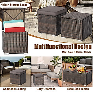 MEDIMALL Patio Wicker Ottoman Set of 2, Multipurpose Outdoor Footstool w/Removable Cushions, Rattan Side Table w/Storage, Footstool Ottoman Seat for Garden, Backyard, Poolside (Gray)