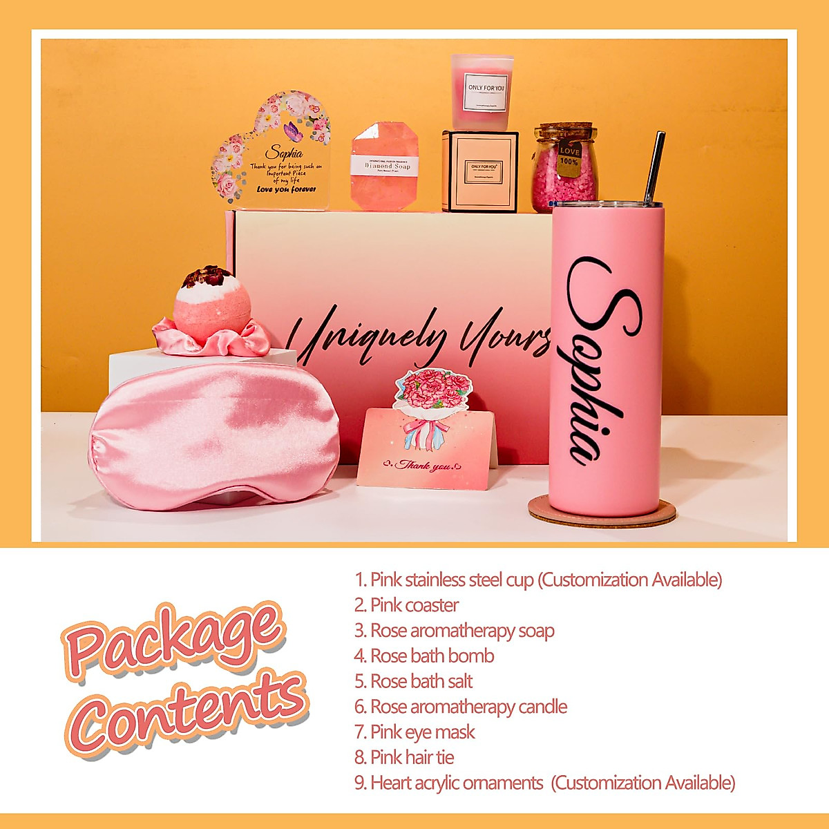 ATOMAKER Gift for Women, Rose Spa Gift Basket for Women, Mom, Wife, Girlfriend, Sister, Her - Relaxing Birthday Gifts, Christmas, Valentine's Day, Mothers Day Gifts, Personalized Tumbler, Heart