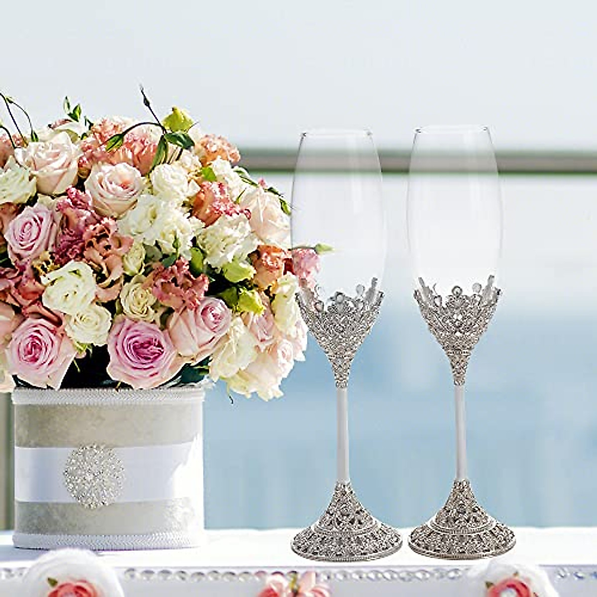 LASODY Crystal Set Champagne Flutes - Wedding Glasses for Bride & Groom - Toasting Cups Gift Sets for Couples - Engagement, Wedding, House Warming Gift