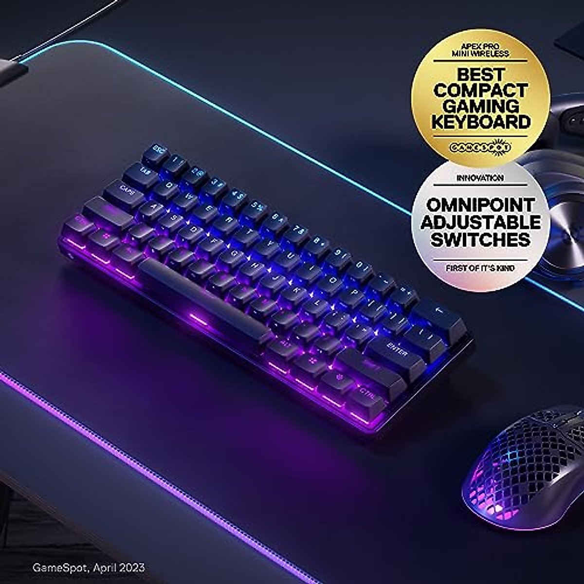 SteelSeries Apex Pro Mini Wireless HyperMagnetic Gaming Keyboard – Compact 60% Form Factor - Adjustable Actuation - RGB – PBT Keycaps- Bluetooth – 2.4GHz - USB-C