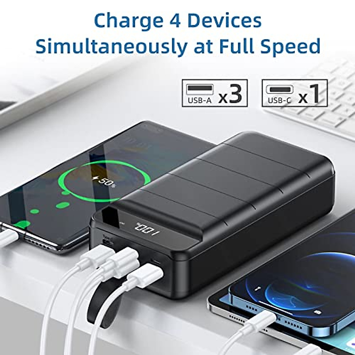 Power Bank 50000mAh, 22.5W PD Quick Charge Portable Charger with 4 Outputs & 3 Inputs & Flashlight and LED Display, Huge Capacity Safer External Battery Pack for Smartphone, Android, Tablet & etc