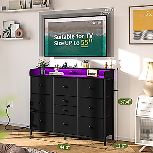 Yoobure Dresser for Bedroom with Charging Station and LED Lights, Tall Dresser TV Stand with 10 Storage Drawers,Fabric Black Dressers & Chests of Drawers,Wood Dresser for Bedroom Closet Organizer