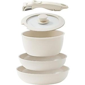 Redchef Ceramic Pots and Pans Set Non Stick, Nonstick Kitchen Cookware Sets, Non Toxic Pots and Pans Set Non Stick, PFAS PFOA & PTFE Free, Detachable Handle Pots and Pans 5 Piece, RV Cookware (Beige)