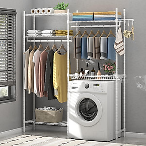 Loomie Over The Washer and Dryer Storage Shelf, Laundry Room Organization Shelves, 5 Tiers Adjustable Height Shelving,Space Saving Drying Organizers Rack with Wire Basket,Haning Hook & 2 Rods,White