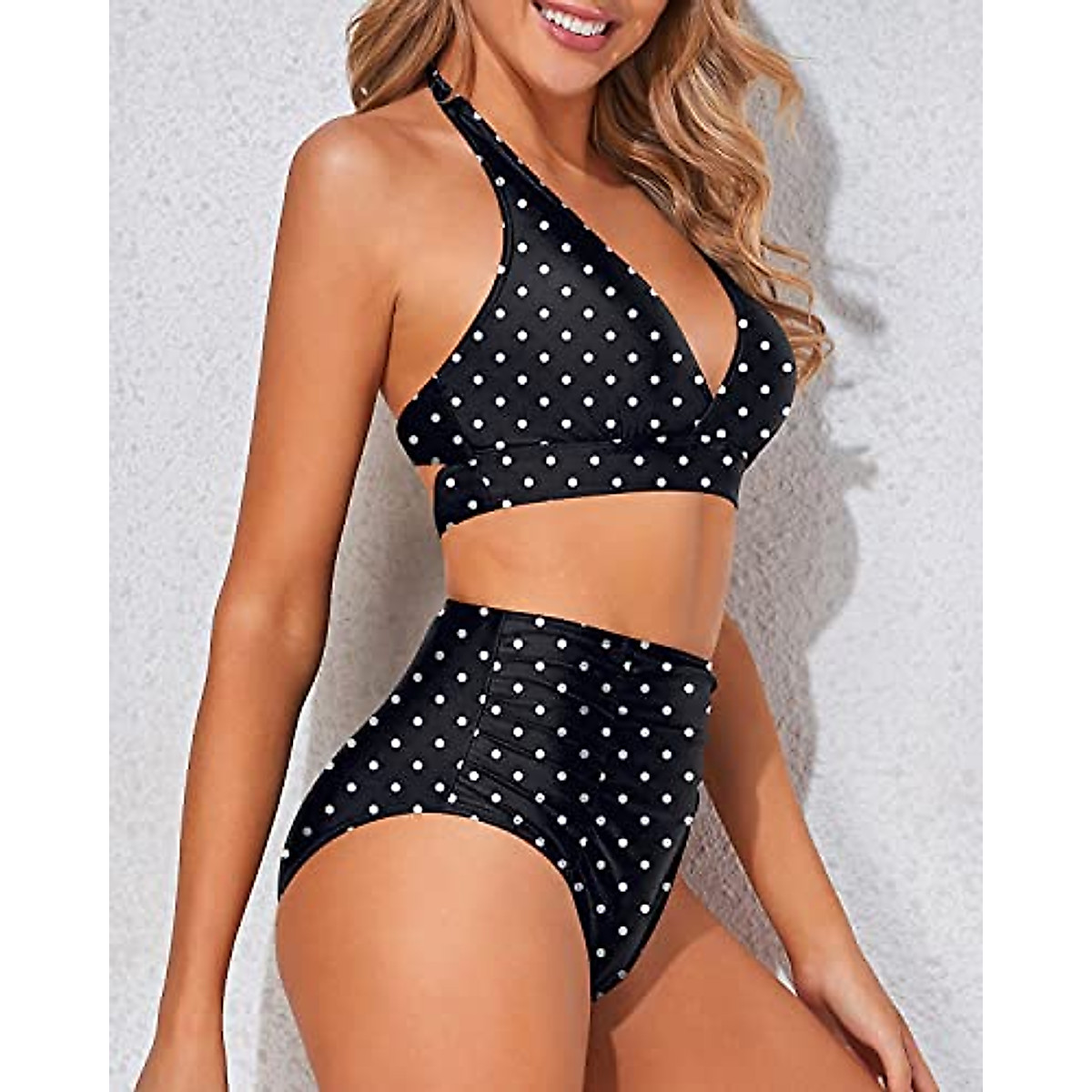 Tempt Me Women Black Polka Dot Two Piece High Waisted Bikini Set Swimsuits Push Up Halter Tummy Control Bottoms Bathing Suits L