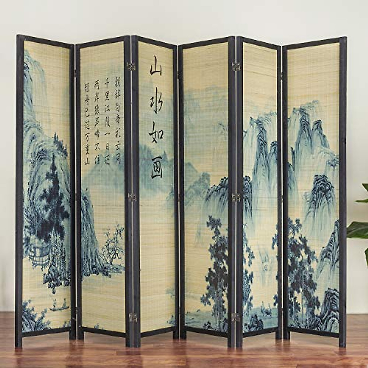 MyGift 6-Panel Bamboo Screen Freestanding Room Divider with Asian Calligraphy Artwork Design