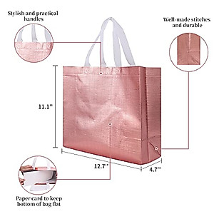 YHJZ 12 Pcs Reusable Gift Bags, Rose Gold Gift Bags Glossy Glitter Reusable Grocery Bag with Handle Non-woven Shopping Bags Tote Bag for Presents Bridesmaid Birthday Party Wedding (Rose Gold)