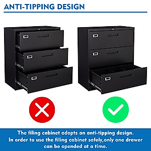 BYNSOE File Cabinet with Lock 3 Drawer Lateral File Cabinets for Legal/Letter A4 Size Metal Filing Cabinet for Office Home Requires Assembly(3 Drawers, Black)
