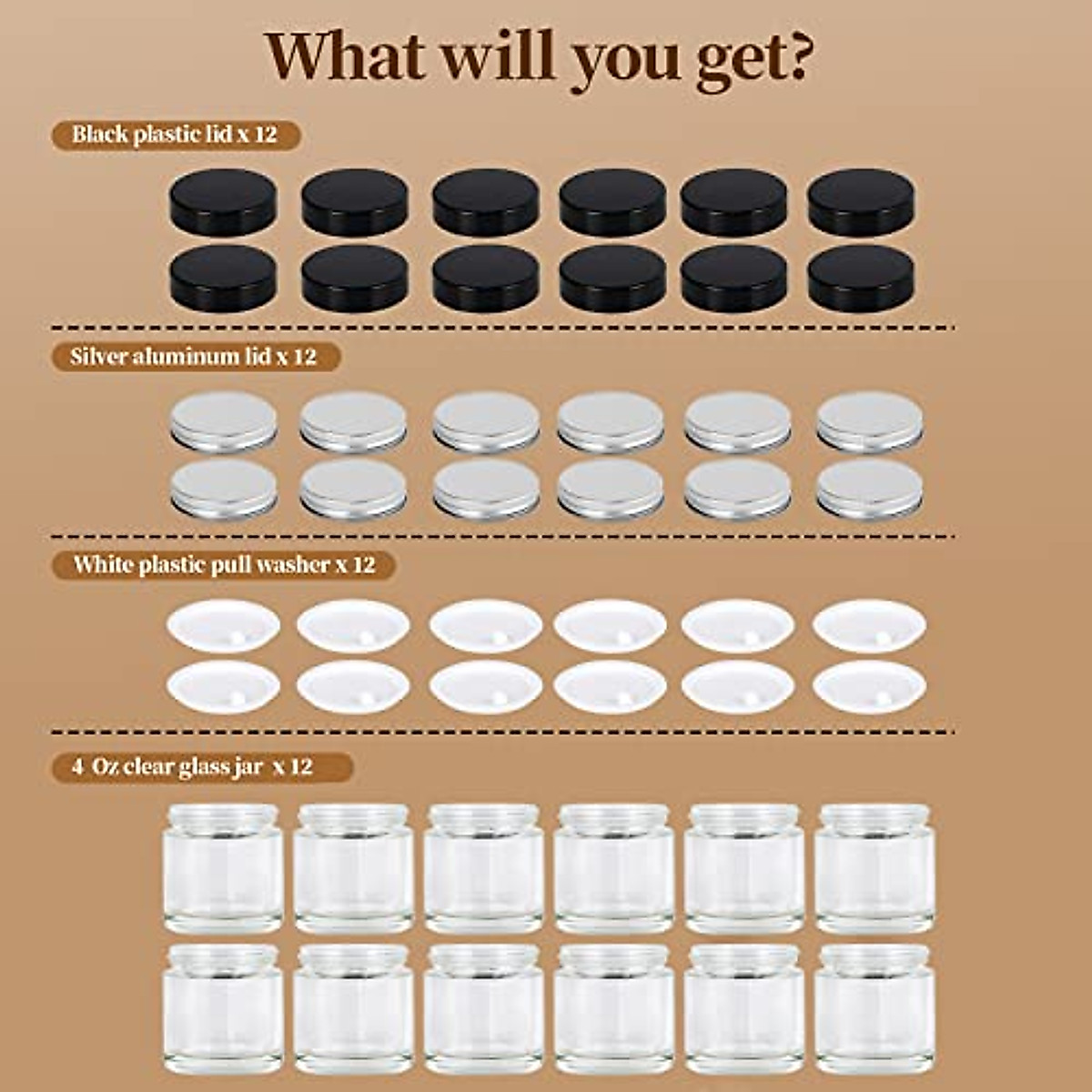 4oz Glass Jars (12 Pack), Empty Cosmetic Containers with Inner Liners and 12 black Lids & 12 Silver Lids for Slime, Beauty Products, Cosmetic, Lotion, Ointments and DIY