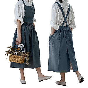 losofar Cotton Pleated Apron Retro Waterdrop Proof Garden Cleaning Pinafore Dress (green, 103cmx86cm)