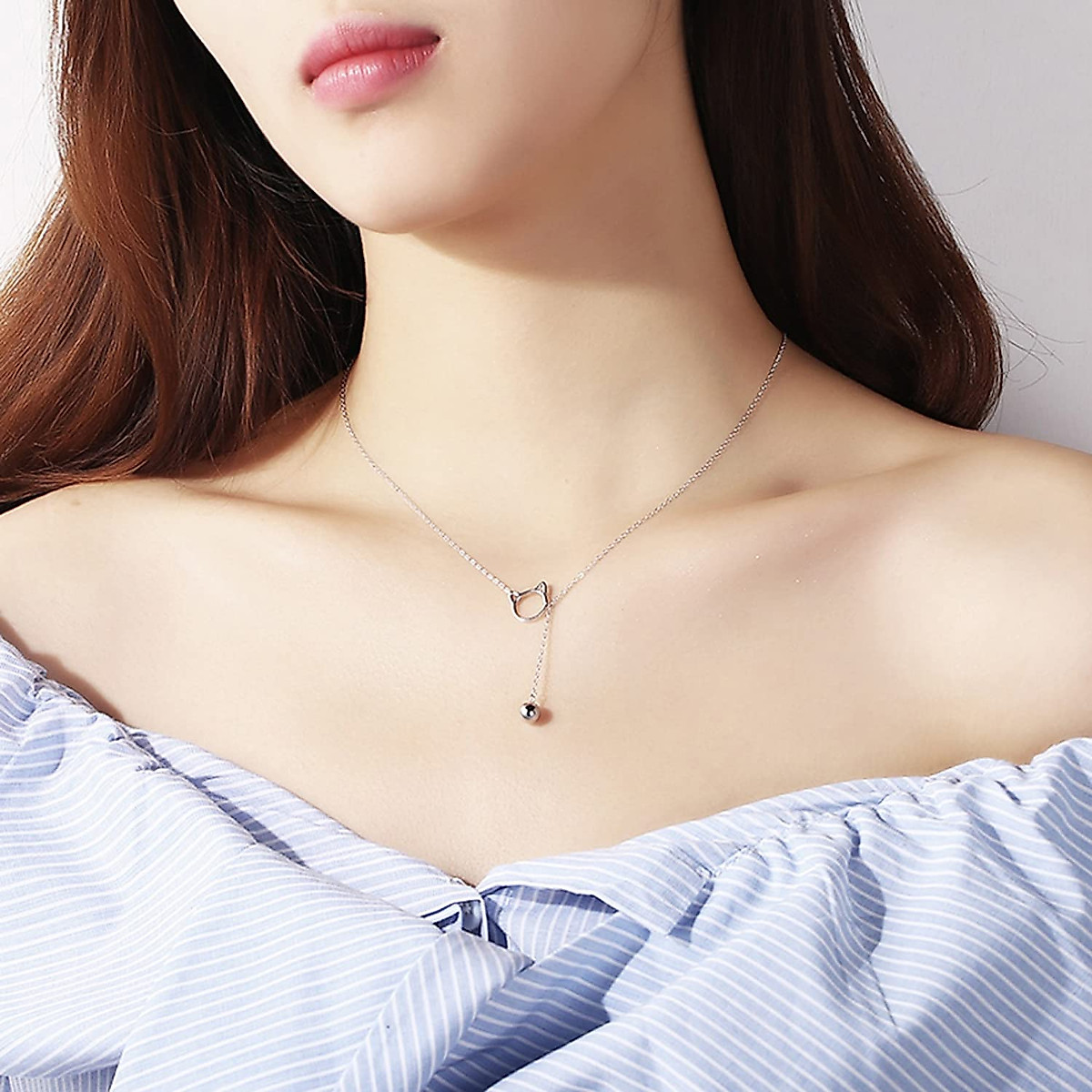Dankadi Fashion Women 925 Sterling Silver Necklace - Cute Cat/Bell Pendant choker 11x11x5mm - Clavicle Rolo Chain 17 Inch Fine Jewelry Gift