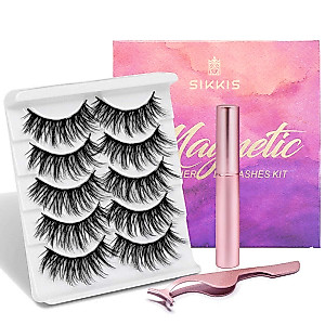 Sikkis Magnetic Eyelashes with Eyeliner - Magnetic Eyelashes Mink Look Kit, Mixed 3D Mink Magnetic Eyelashes Reusable False Lashes with Applicator, No Glue Needed (5-Pairs) (mink look)