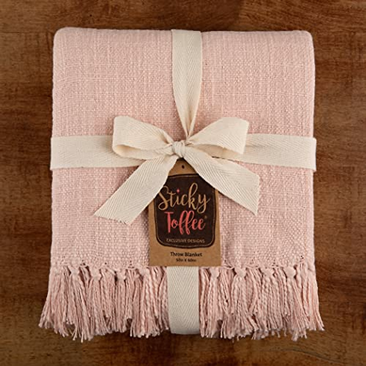Sticky Toffee Blush Pink Woven Cotton Throw Blanket with Fringe, Textured Throw Blankets, Thick and Durable Decorative Throw, Oeko-Tex Cotton, 50 in x 60 in