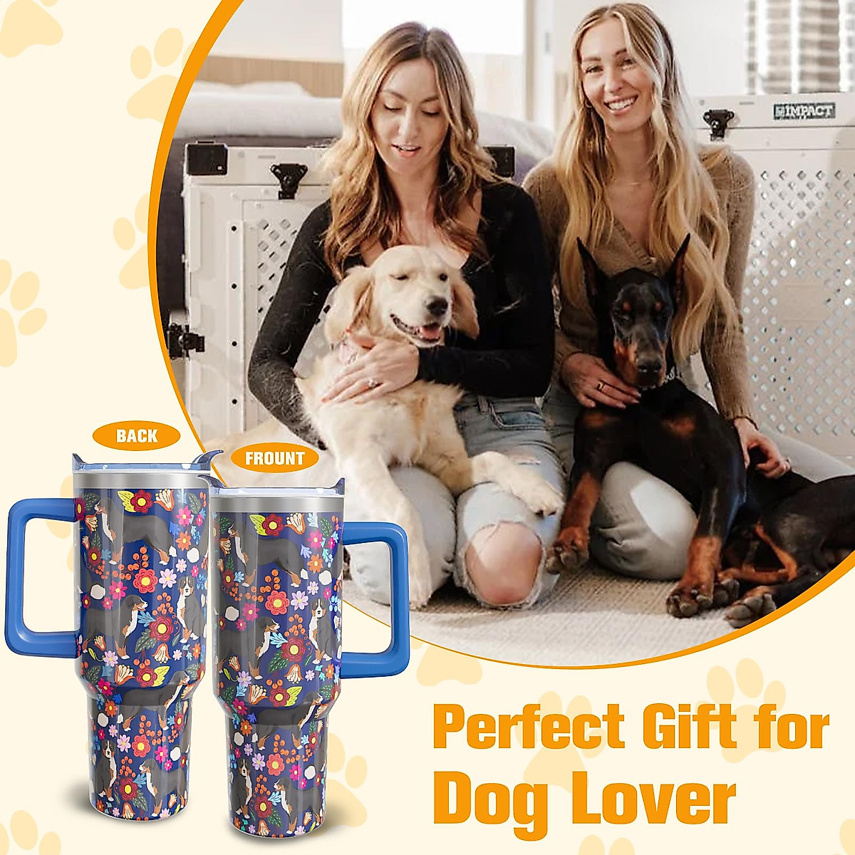 owbgsdh Bernese Mountain Dog Gifts for Women Lovers 40 oz Floral Bernese Mountain Tumblers with Handle and Straw, Stainless Steel Vacuum Insulated Travel Coffee Mug Cup Water Bottle