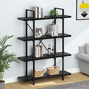 HSH 4 Tier Black Bookshelf, Industrial Metal Wood Storage Book Shelves, Modern Open 4 Shelf Bookcase and Display Etagere, Vertical Book Shelf for Bedroom Living Room Office