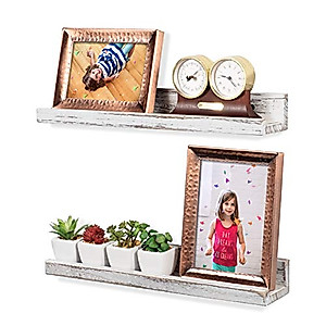 Rustic State Ted Wall Mount Narrow Picture Ledge Shelf Photo Frame Display - 17 Inch Floating Wood Shelves for Living Room Office Kitchen Bedroom Bathroom Décor - Washed White - Set of 2