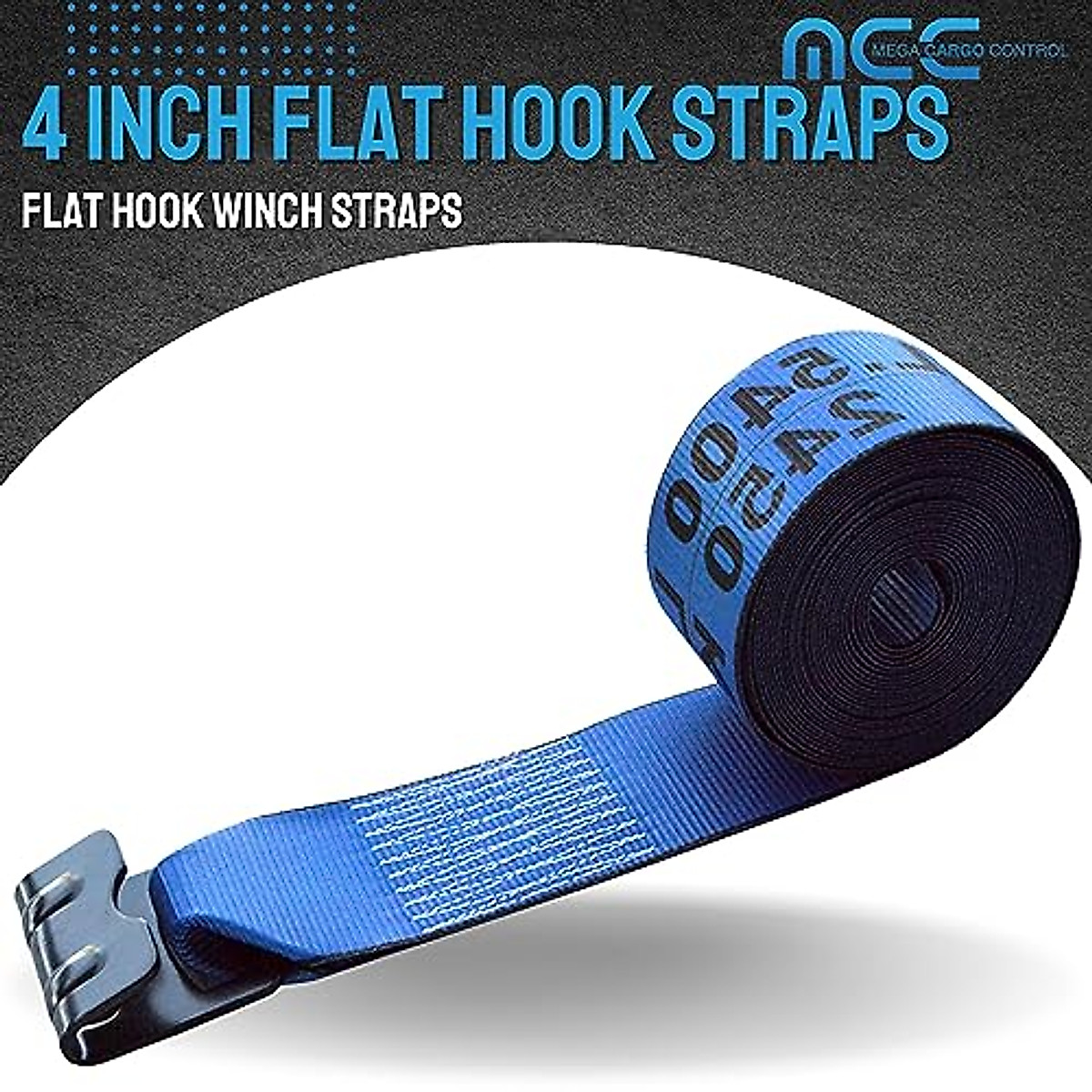 Mega Cargo Control (4 - Pack) Blue Tie Down Straps | 4" x 30' Heavy Duty Tie-Down Winch Strap with Flat Hooks | for Flat Bed, Truck, Farm, Utility Trailers