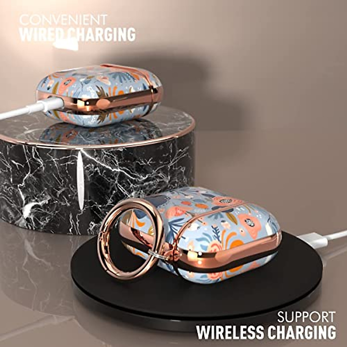 wenew Protective Airpods Case Cover Designed for Apple Airpods 2 & 1, Cute Fadeless Patterns Shockproof Hard Case Cover with Portable Keychain Clip for Girls Kids Women Men (Blue)