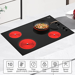 Electric Cooktop 30 Inch, Electric Stove Top 4 Burner 7200W, POTFYA Build-In Electric Ceramic Cooktop for Cooking, 220-240V, Knob Control,No Plug,Suitable for all Pans