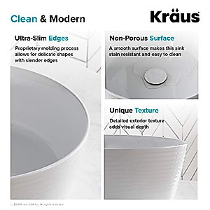 KRAUS Viva™ Round White Porcelain Ceramic Vessel Bathroom Sink with Pop-Up Drain, 15 3/4 in. D x 5 3/8 in. H, KCV-205GWH