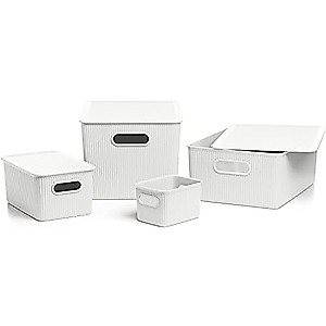 Superio Decorative Plastic Open Home Storage Bins Organizer Baskets, Small White (1 Pack) Container Boxes for Organizing Closet Shelves Drawer Shelf - Ribbed Collection 1.5 Liter