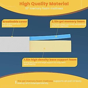 10 Inch Twin Mattress, Gel Memory Foam Twin Size Mattress, Pressure Relieving, Cooling Gel Foam, Twin Mattress in a Box, Certipur-Us Certified, Bed-in-a-Box, Twin, 75"L x 39"W x 10"Th, White