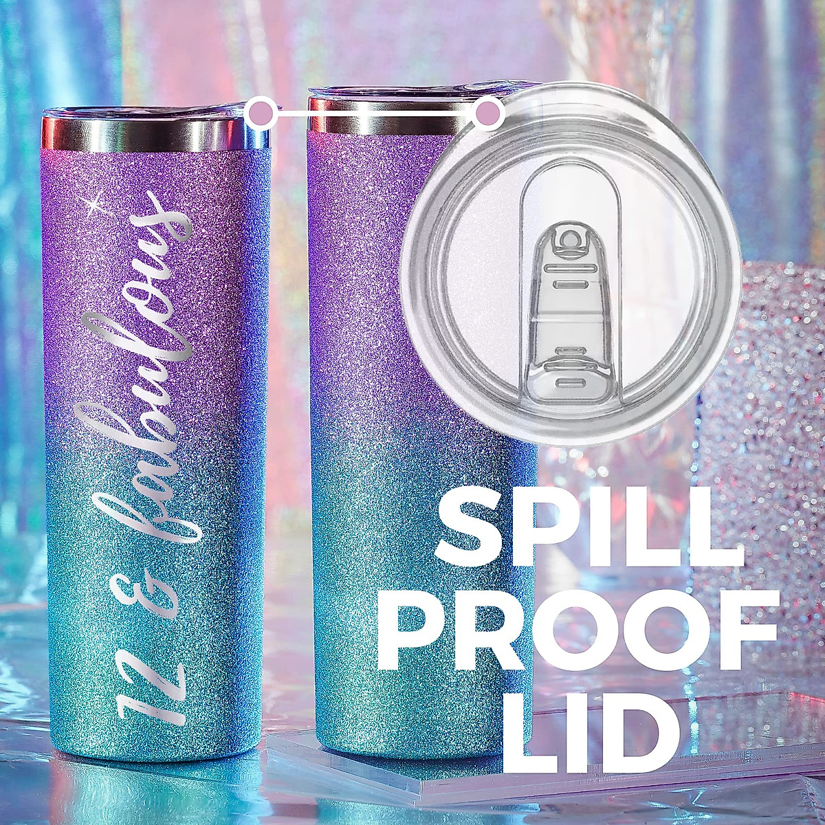 Onebttl Birthday Gifts for 12 Year Old Girl -12 & Fabulous - Tween Girl Gifts, Unique Design 20oz Skinny Tumbler, Novelty 12th Birthday Gifts for Girls, Card & Package Included - Blue Purple