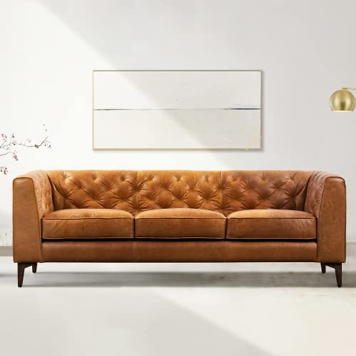 POLY & BARK Essex Leather Couch – 89-Inch Leather Sofa with Tufted Back - Full Grain Leather Couch with Feather-Down Topper On Seating Surfaces – Vintage Pure-Aniline Italian Leather – Cognac Tan