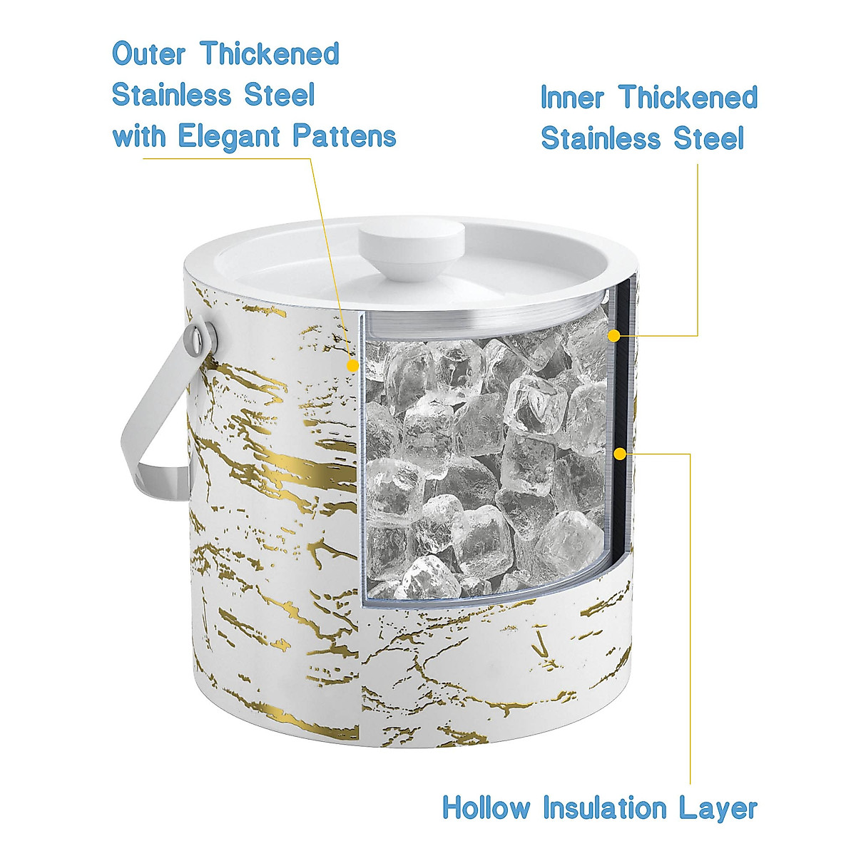 AYOTEE Ice Bucket with Lid,Scoop,Tongs,Strainer and Handle-Stainless Steel Insulated Ice Bucket Keeps Ice Cold & Dry, Great for Home, Party, Bar, Chilling Beer, Cocktail, Champagne and Wine Bottle-3L