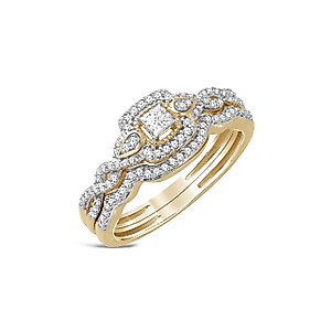 DZON 10k Yellow Gold 1/3CT TDW Diamond Halo Princess-Cut Engagement Ring Set Love Gift for Women (I-J,I2)