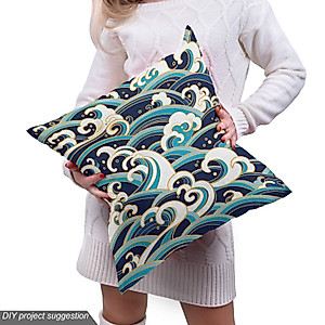 Ambesonne Nautical Fabric by The Yard, Traditional Oriental Style Ocean Waves Pattern Foam and Splashes Print, Decorative Fabric for Upholstery and Home Accents, 1 Yard, Blue Gold